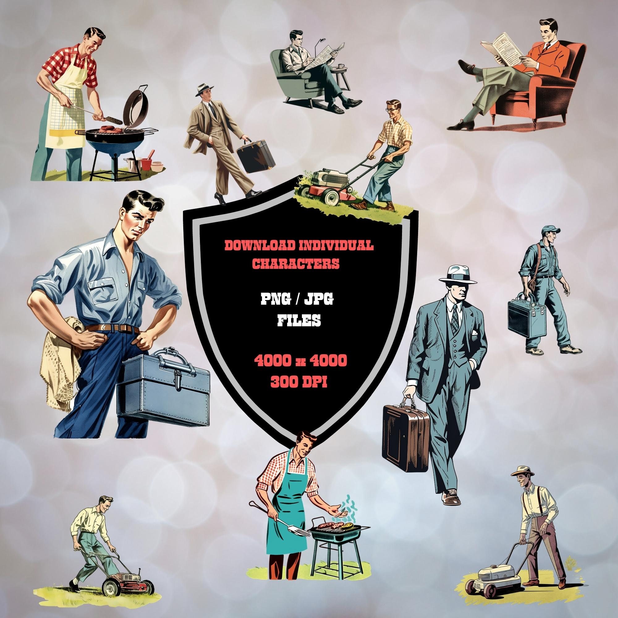 1950s Man Clip Art Bundle, Retro Male Illustrations, Work, Mowing ...