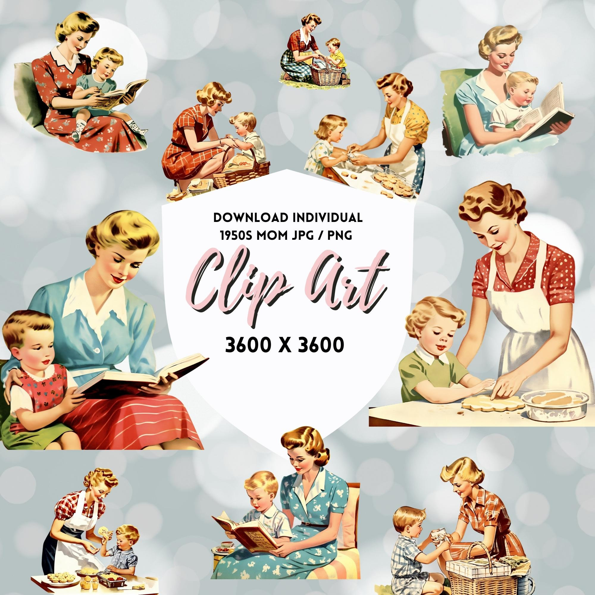 1950s Mom Clip Art, Retro Mother & Child Moments, Baking, Bedtime Story ...