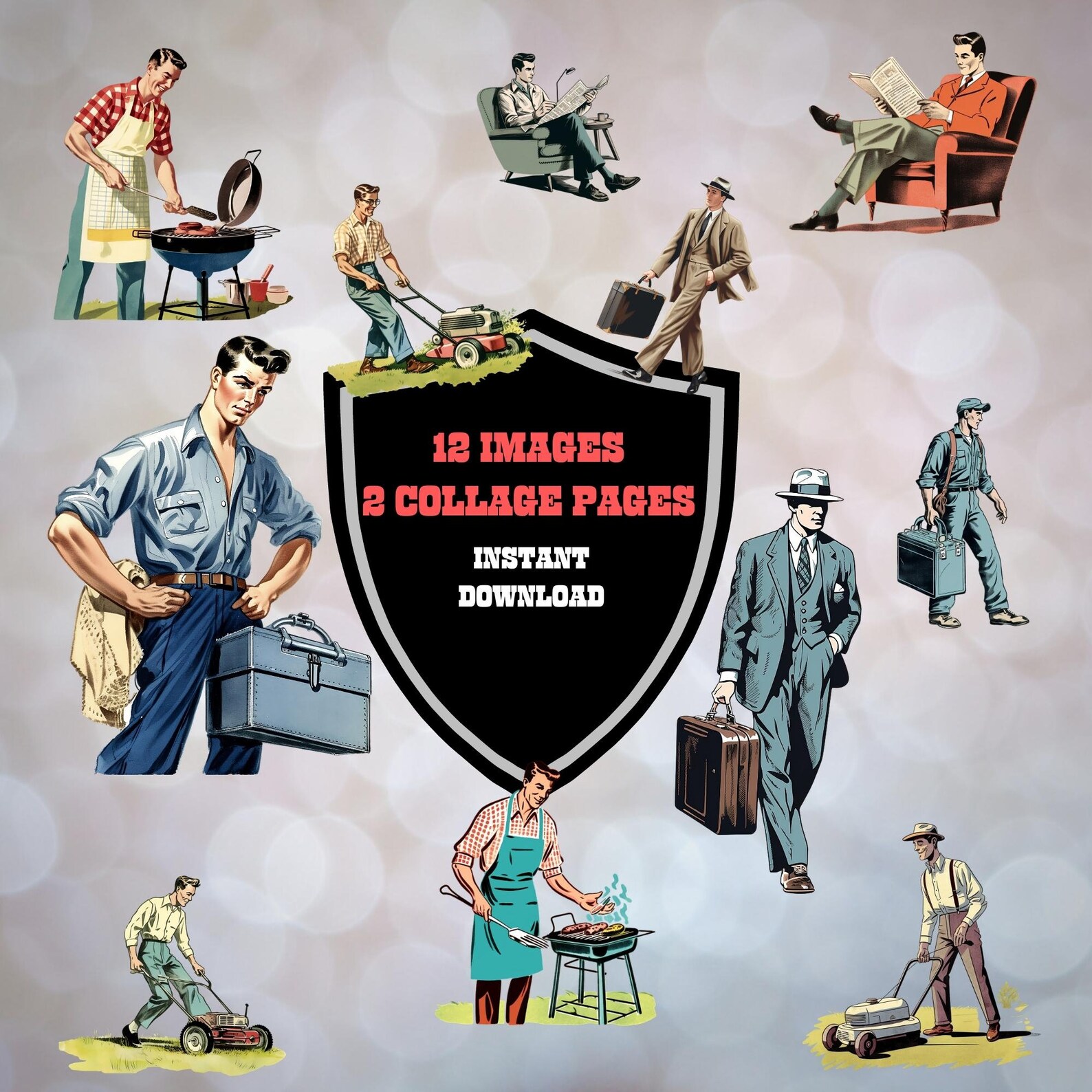 1950s Man Clip Art Bundle, Retro Male Illustrations, Work, Mowing ...