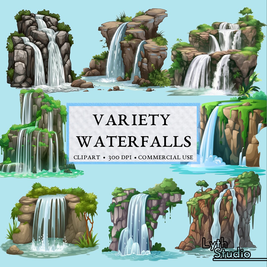 Variety Waterfall Clipart - Cartoony/realistic Waterfalls, PNG Format ...