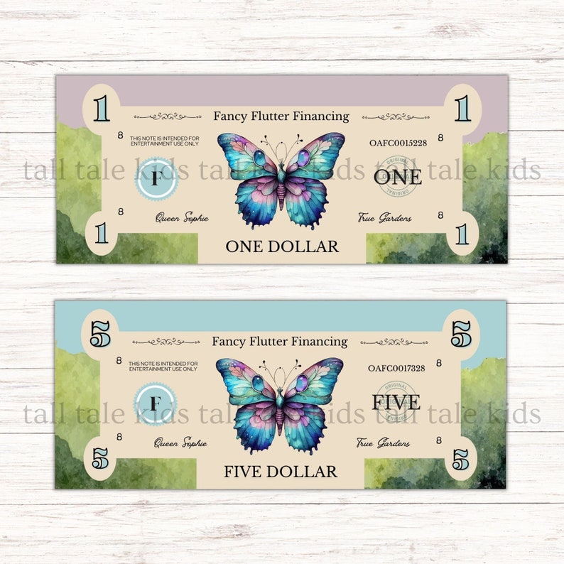 Printable Pretend Play Money, Currency Dollar, Butterfly Garden ...