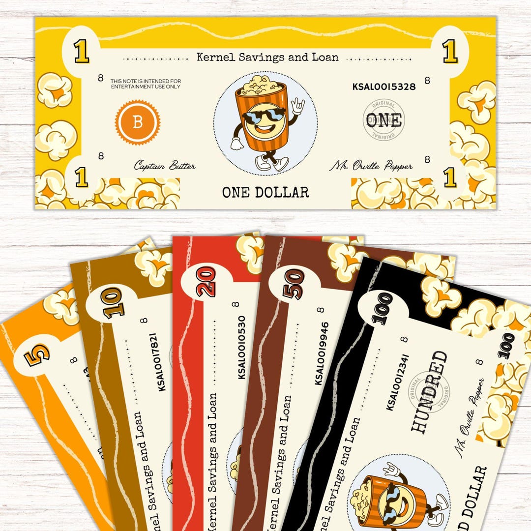 Popcorn Kernel Pretend Play Money, Dramatic Play Currency, Printable ...