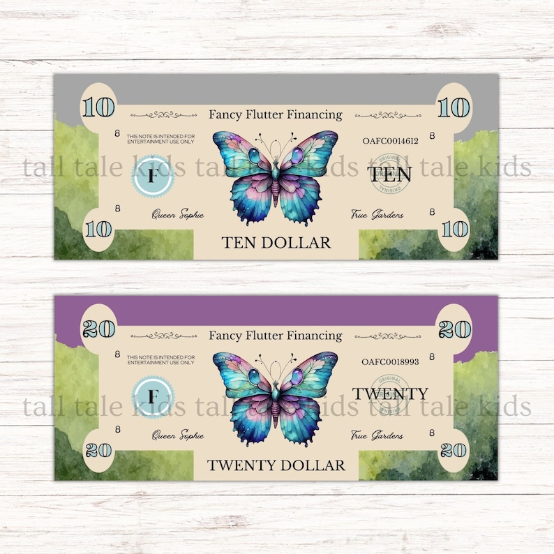 Printable Pretend Play Money, Currency Dollar, Butterfly Garden ...