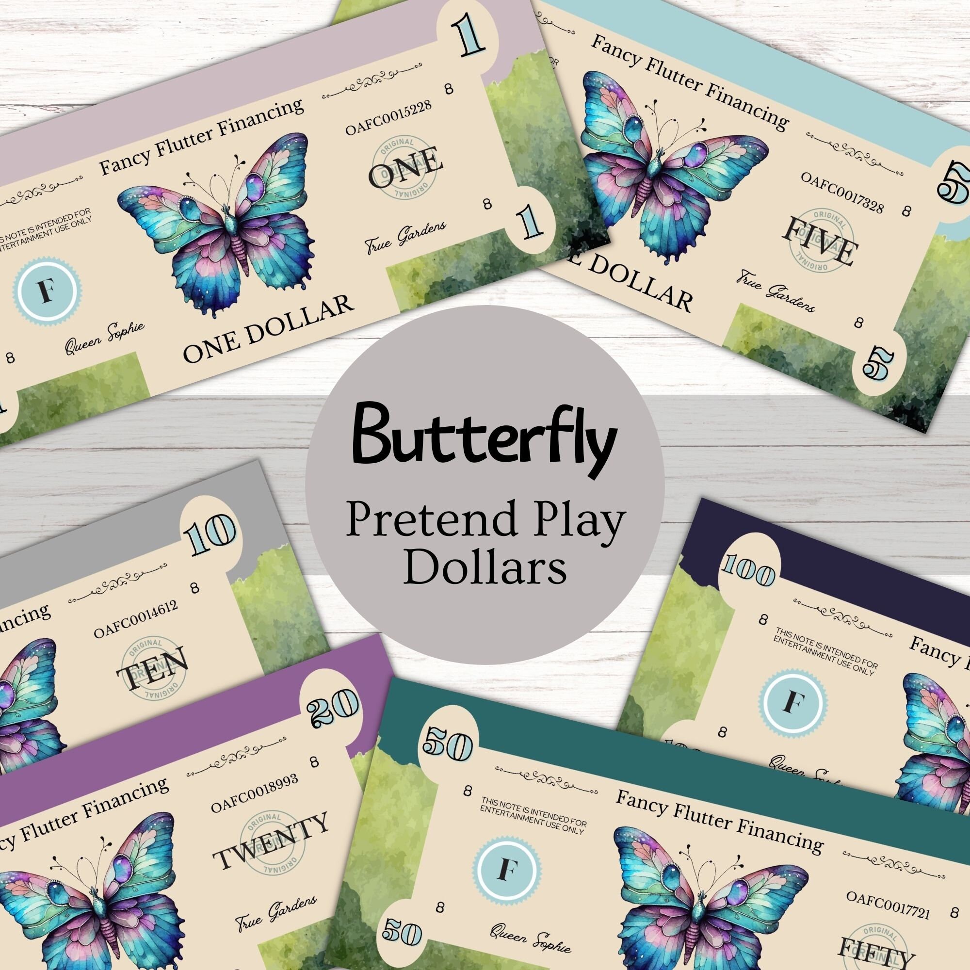 Printable Pretend Play Money, Currency Dollar, Butterfly Garden ...