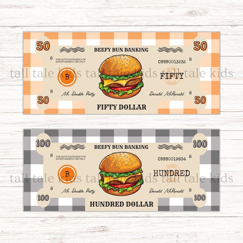 Printable Pretend Play Money, Currency Dollar, Hamburger Birthday Party ...
