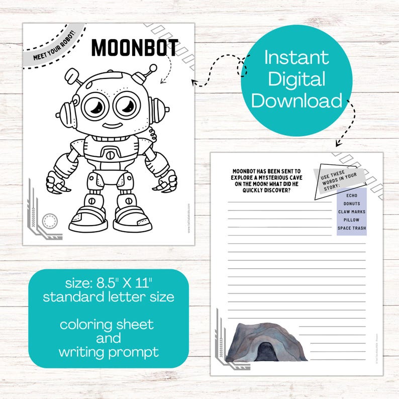 Robot Writing Prompt, Coloring Sheet Page, Moon Adventure Character ...