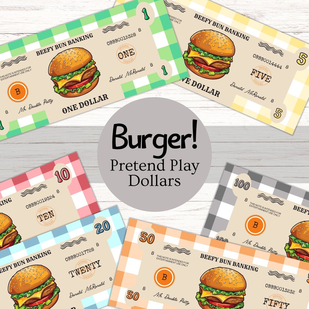 Printable Pretend Play Money, Currency Dollar, Hamburger Birthday Party ...