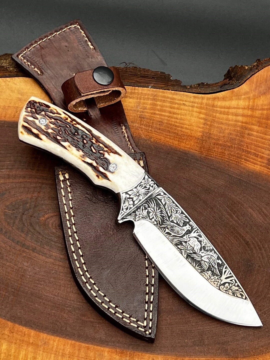 Handmade Hand Engraved Knife With Stag Handle, Hunting Knife, Skinner ...