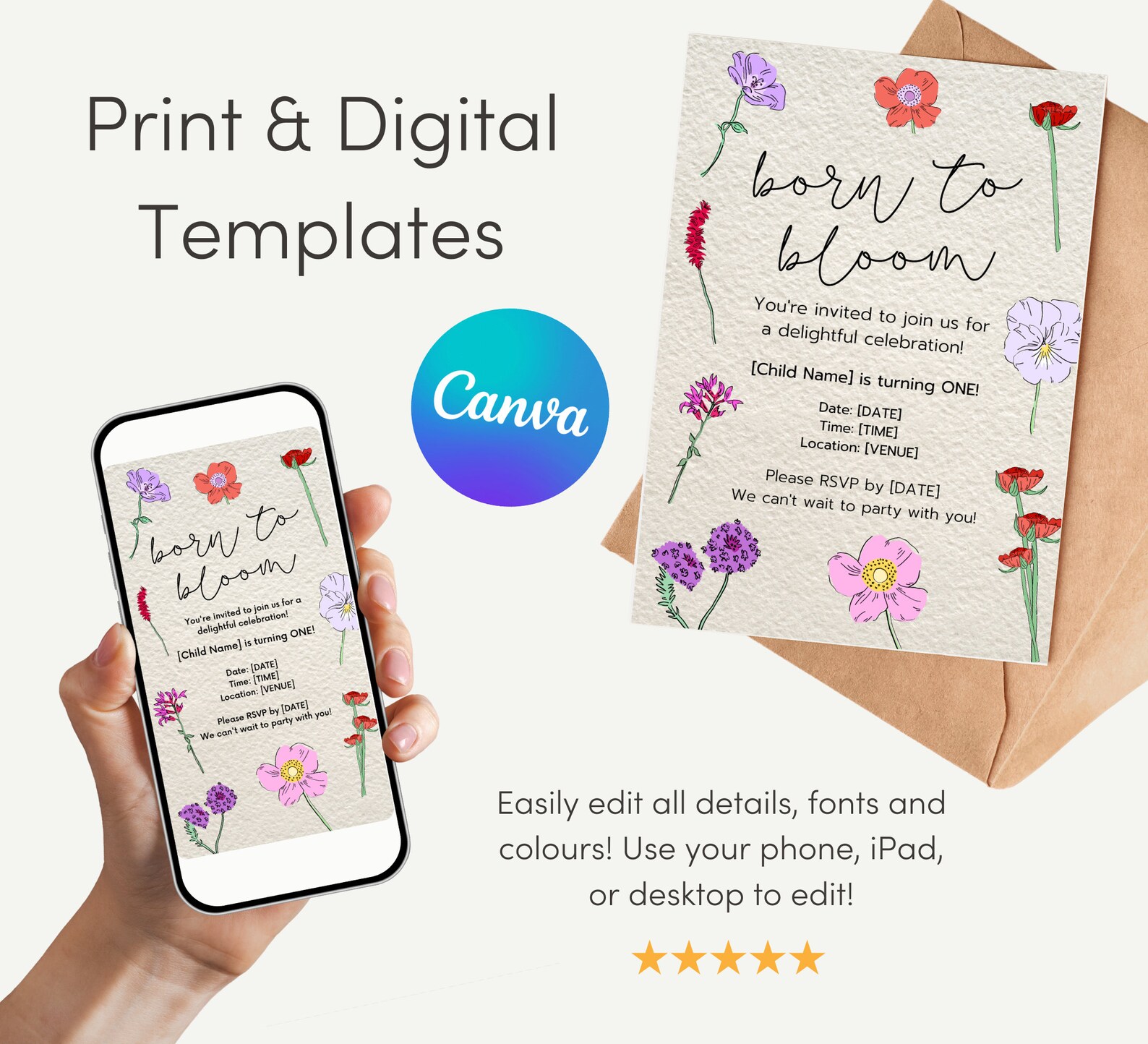 Born to Bloom Birthday Invitation, Wild Flower Personalised Birthday ...