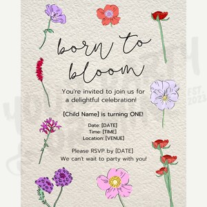 Born to Bloom Birthday Invitation, Wild Flower Personalised Birthday ...
