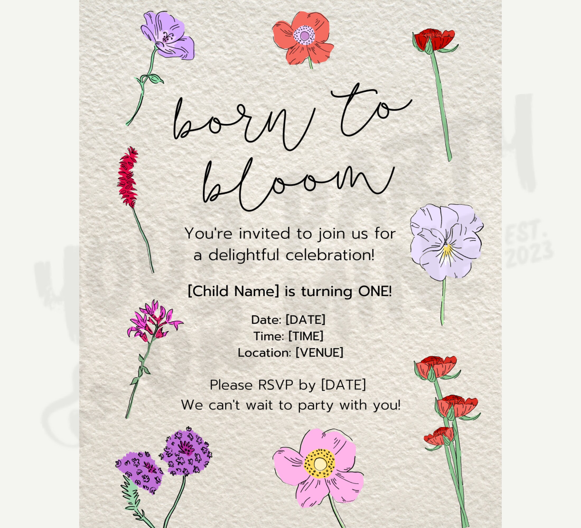 Born to Bloom Birthday Invitation, Wild Flower Personalised Birthday ...