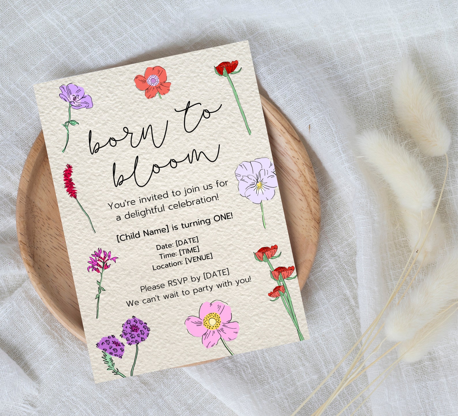 Born to Bloom Birthday Invitation, Wild Flower Personalised Birthday ...