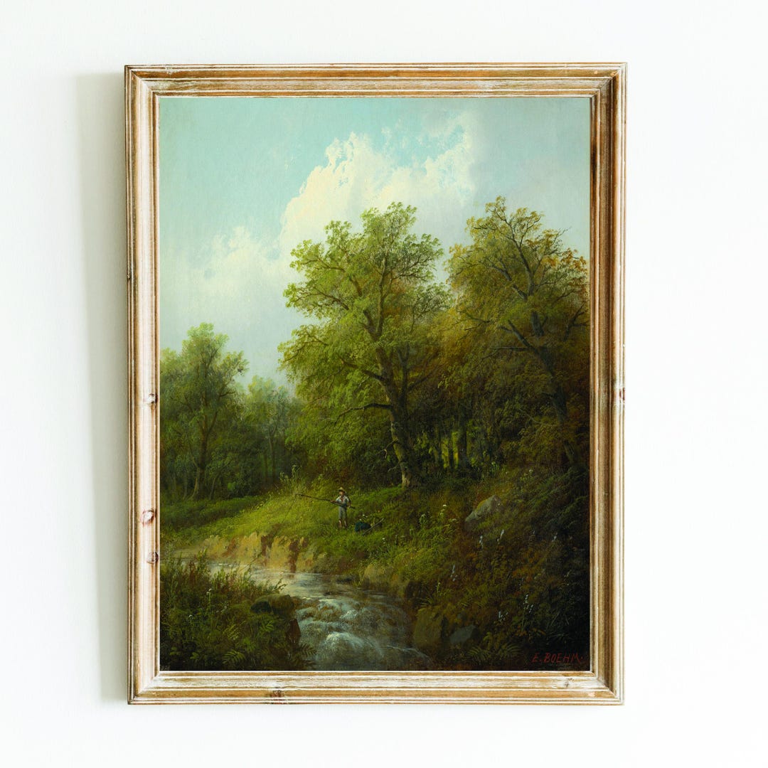 Vintage Painting With an Angler Fishing by a Mountain Brook. Printable ...