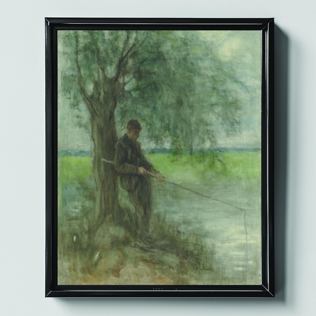 Vintage Painting With a Fishing Scene Showing an Angler Leaning Against ...