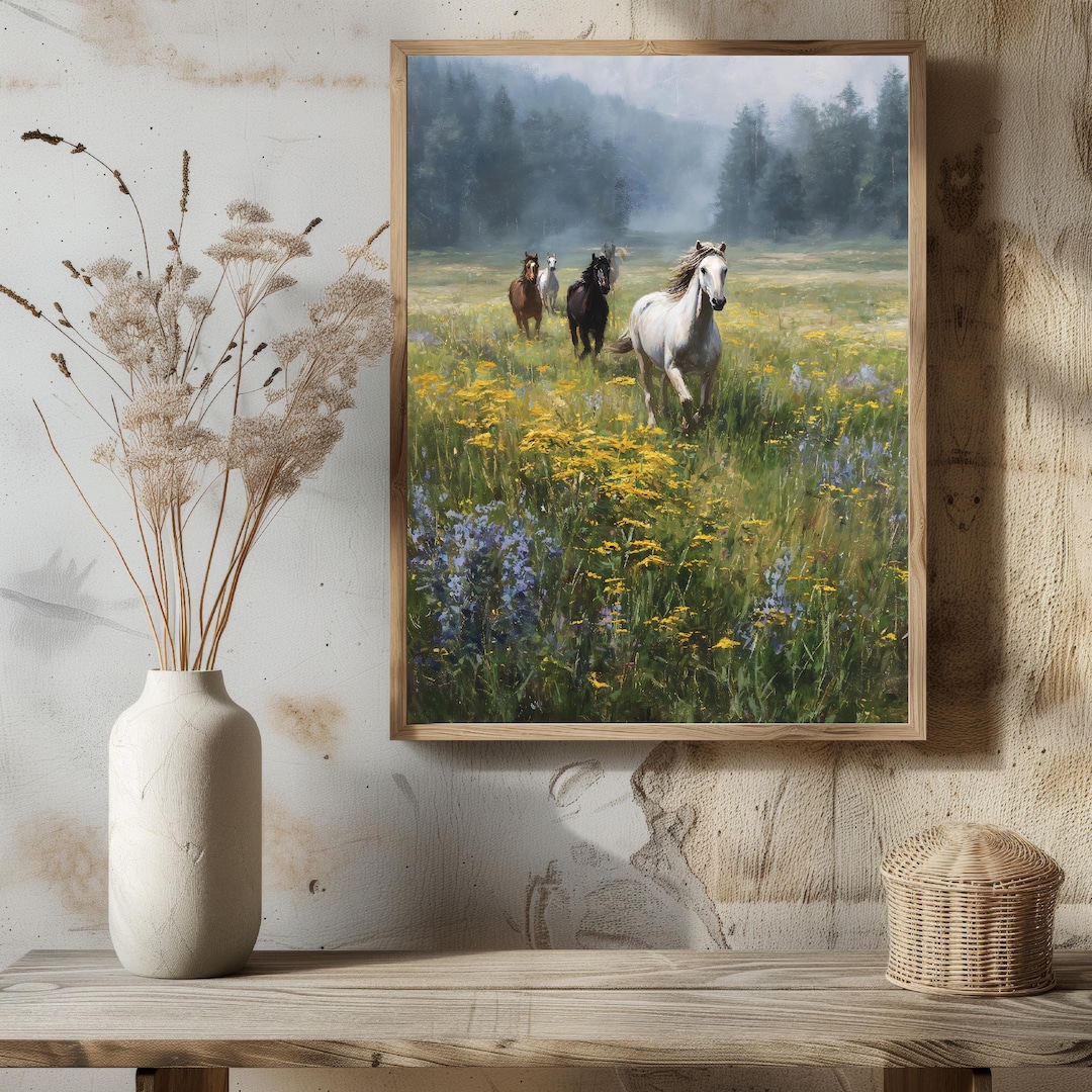 Wild Horses Running Through Meadow, Misty Landscape Art Print for ...