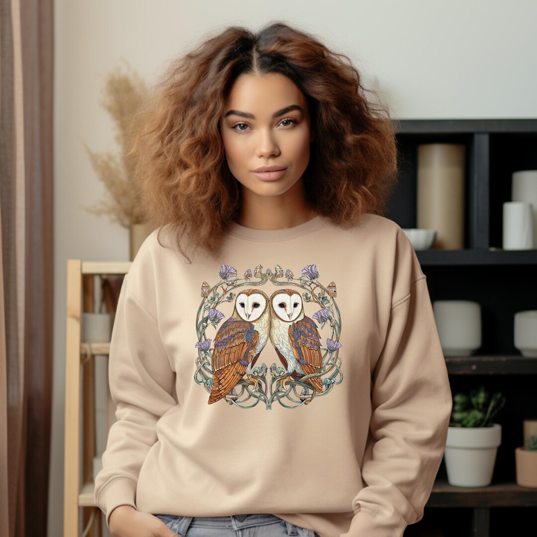 Art Nouveau Style Barn Owls Sweatshirt, Zentangle Owl Couple Crewneck ...
