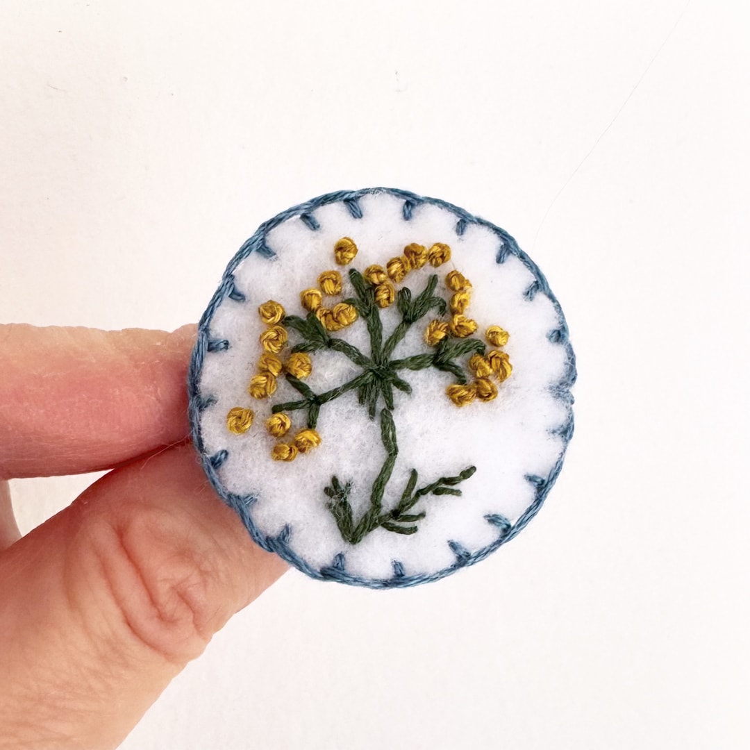 Hand Embroidered Felt Brooch Pin on Card - Yellow Flower With Blue ...