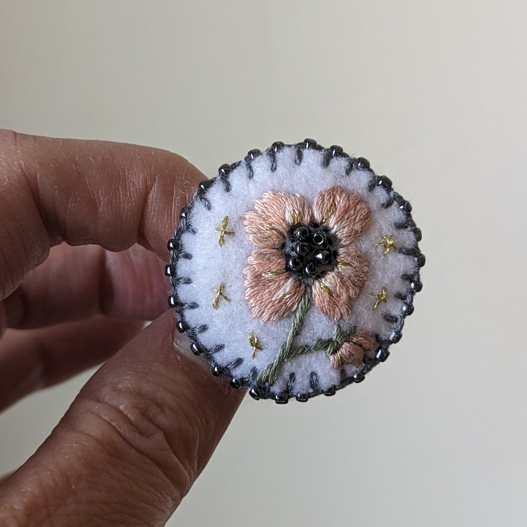 Hand Embroidered Felt Brooch Pin Card Pink Sparkle Beaded Flower - Etsy