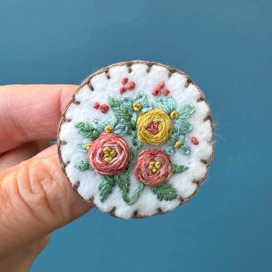 Hand Embroidered Floral Brooch Pin Card~ Rose Garden Pink - Etsy