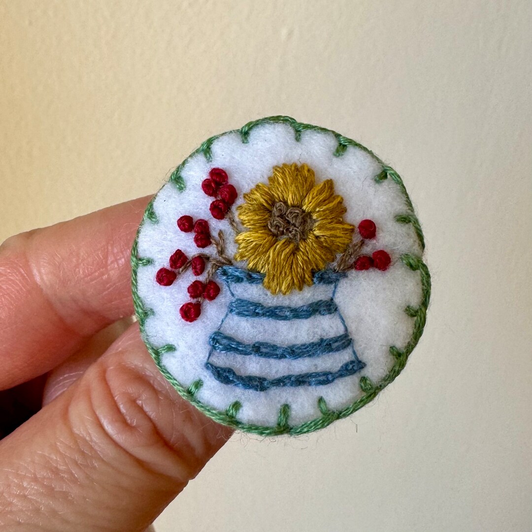 Hand Embroidered Felt Brooch Pin on Card Striped Vase Yellow Flower - Etsy