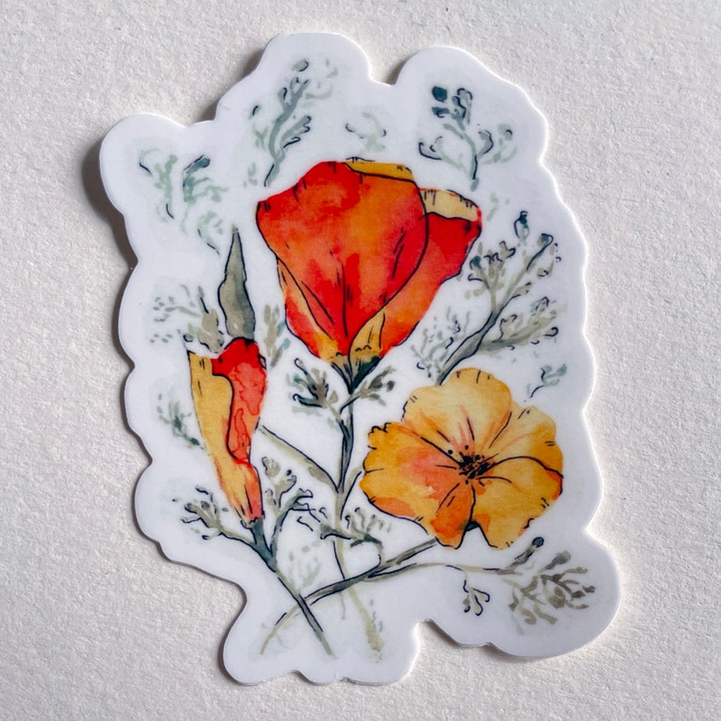 Watercolor Wildflower Poppy Die Cut Vinyl Sticker Accessory 2.2 X 3 ...
