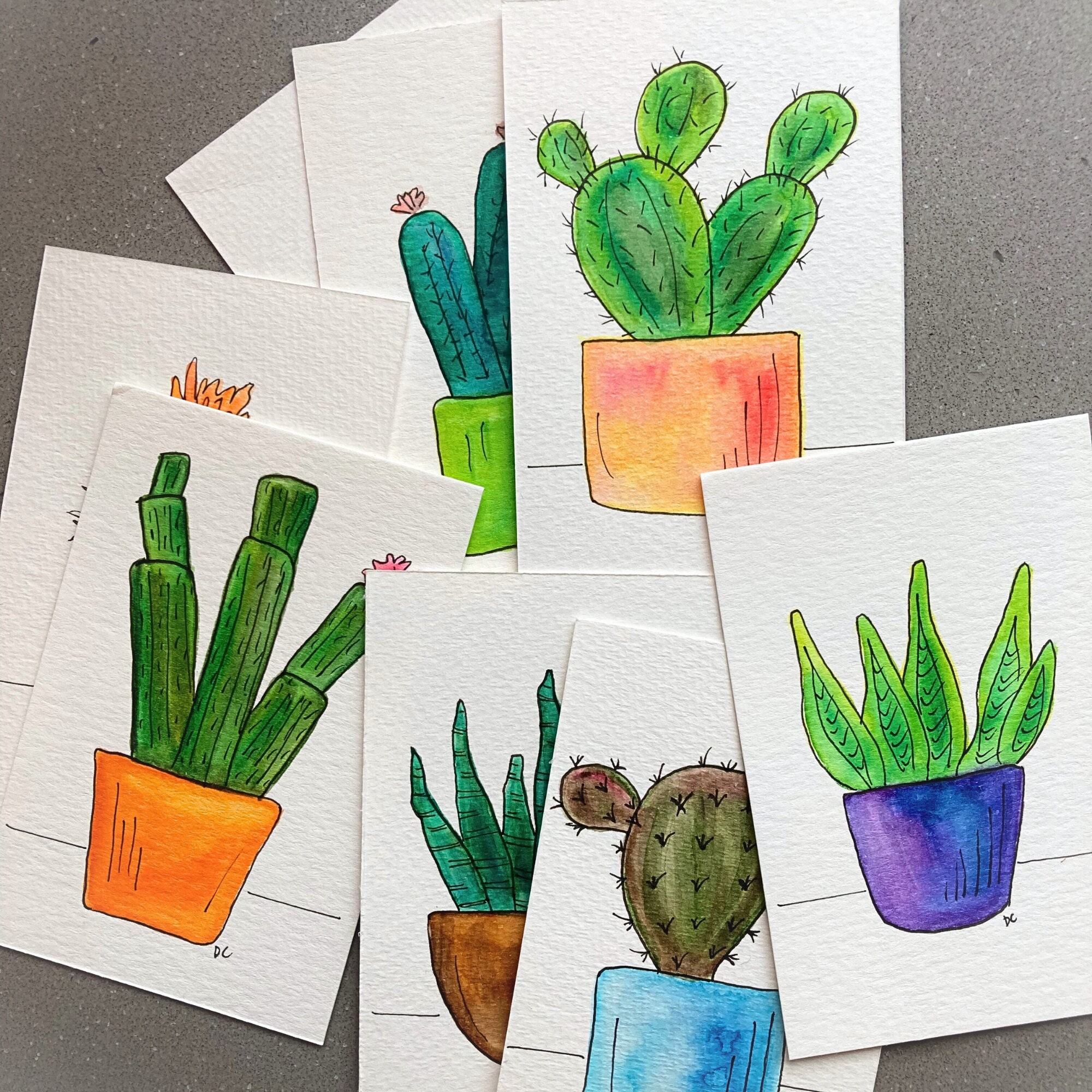 Small Stationery Notecards (set of 8) / Hand-painted / Cactus and ...