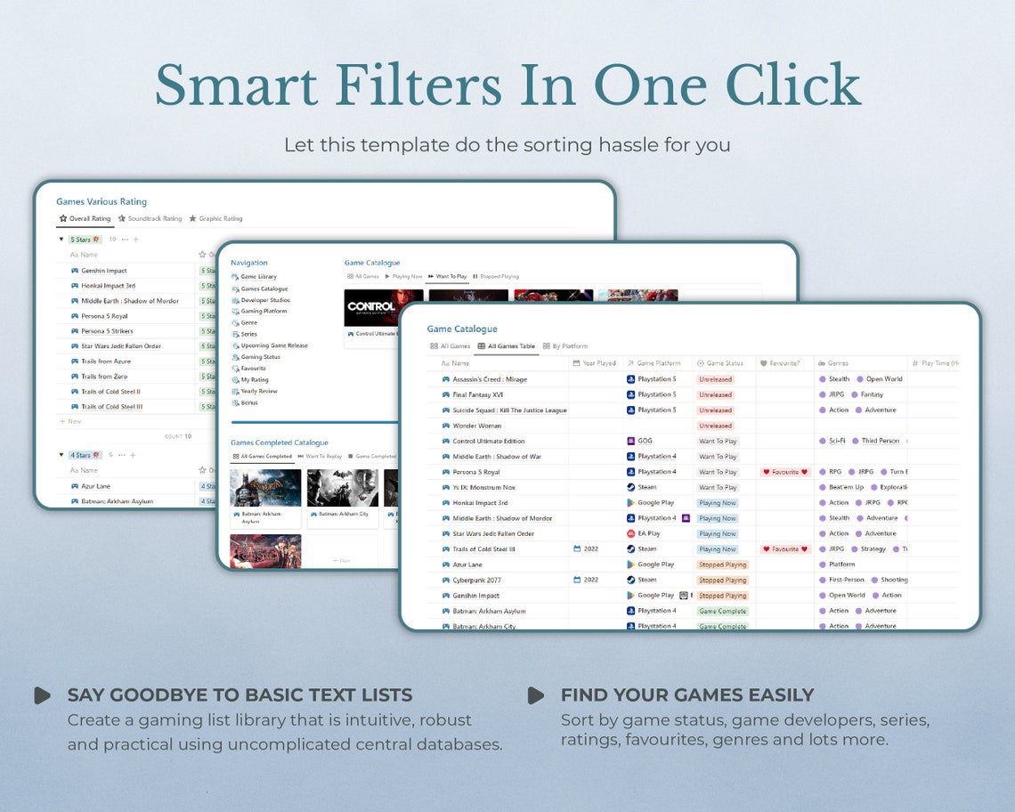 Game Tracker Notion Template | Video Game Notebook, Game Reviews, Play Log, Library, Wishlist ...