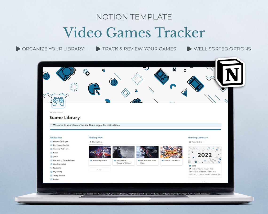 Game Tracker Notion Template | Video Game Notebook, Game Reviews, Play ...