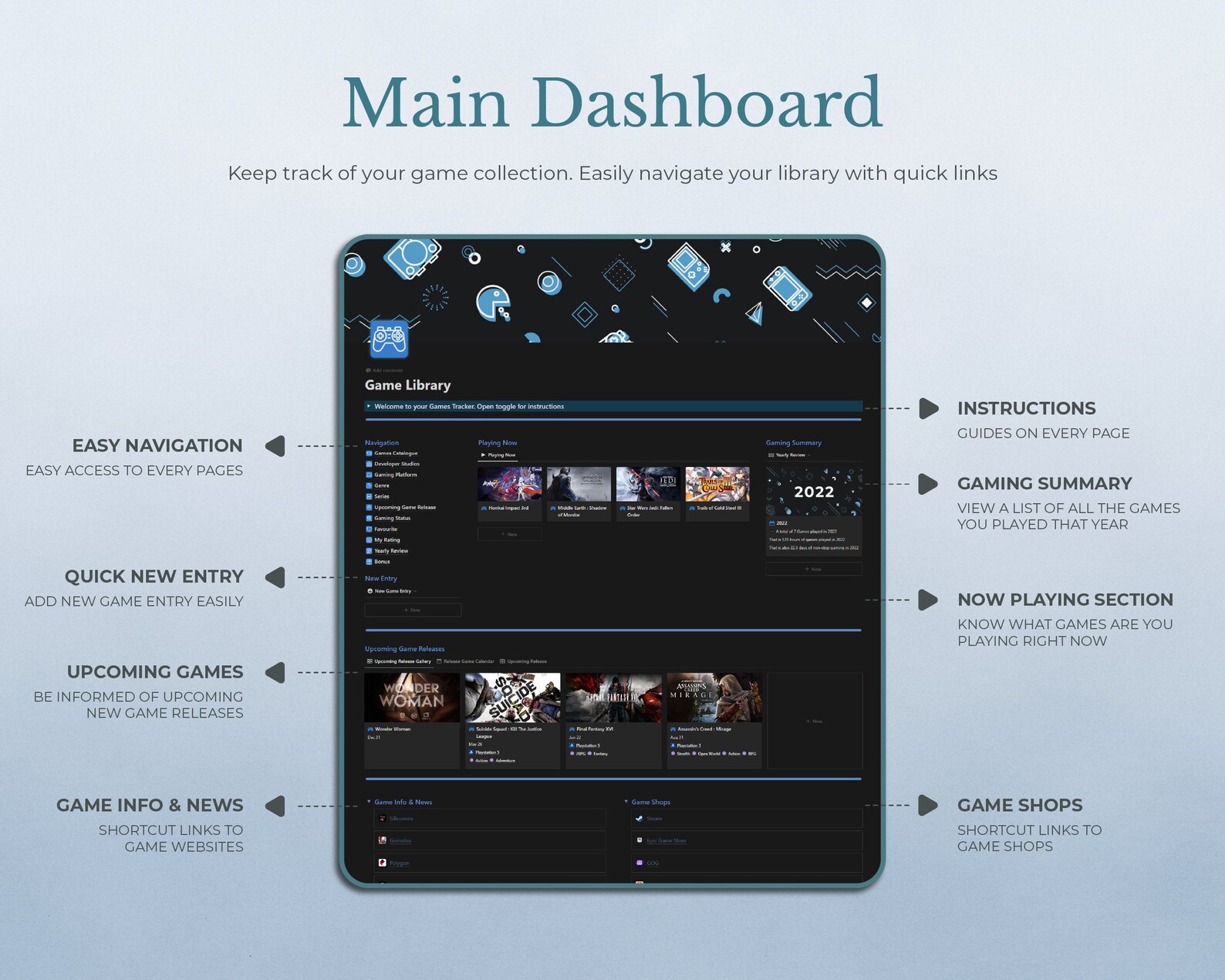 Game Tracker Notion Template | Dark View, Video Game Notebook, Game Reviews, Play Log, Library ...