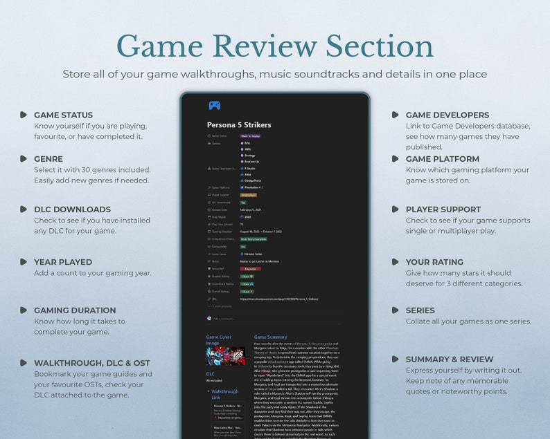 Game Tracker Notion Template Dark View, Video Game Notebook, Game Reviews, Play Log, Library ...