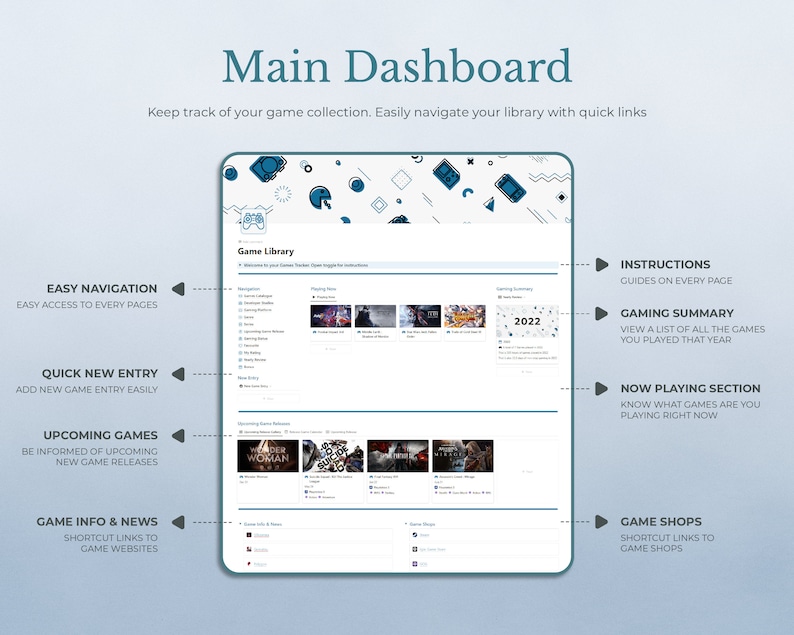 Game Tracker Notion Template | Video Game Notebook, Game Reviews, Play ...