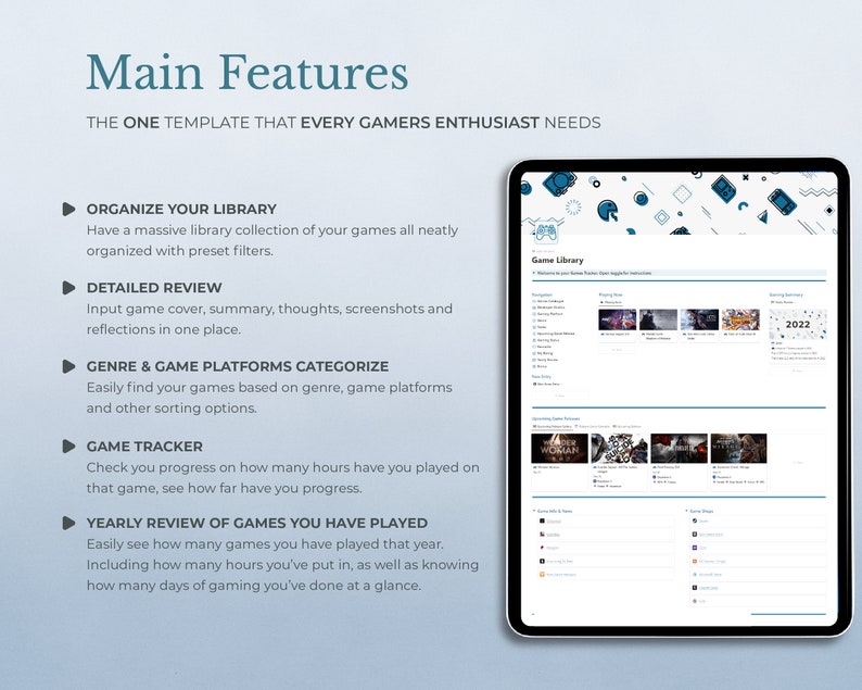 Game Tracker Notion Template | Video Game Notebook, Game Reviews, Play ...