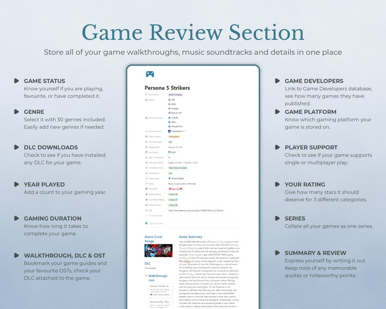 Game Tracker Notion Template | Video Game Notebook, Game Reviews, Play ...