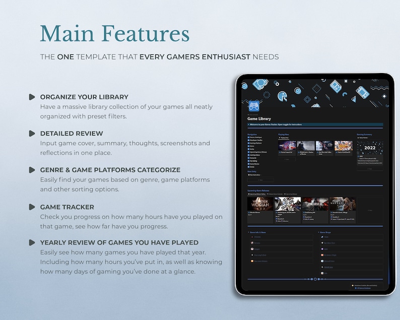 Game Tracker Notion Template | Dark View, Video Game Notebook, Game Reviews, Play Log, Library ...