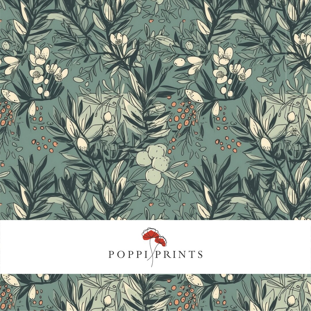 Dark Teal Tonal Floral Olive Plants - Seamless Pattern - Commercial Use ...
