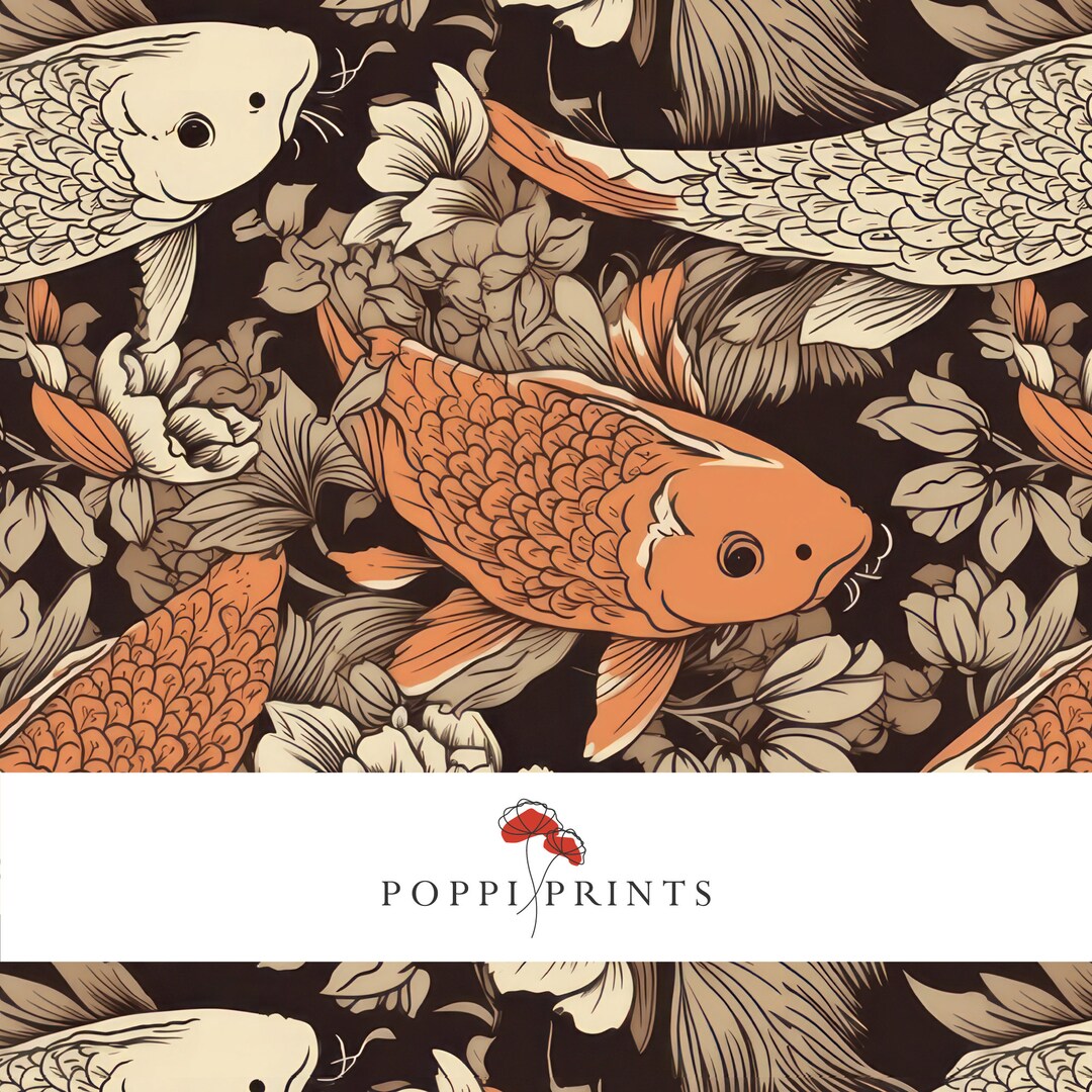 Vintage Koi Goldfish Florals - Seamless Pattern | High-quality ...