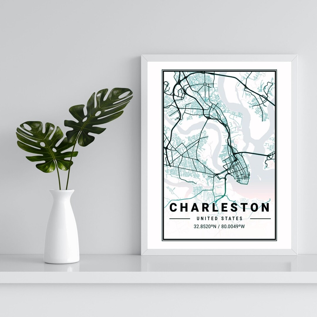 Charleston City Map Prints, World Map Art Decor, Map Coordinate ...