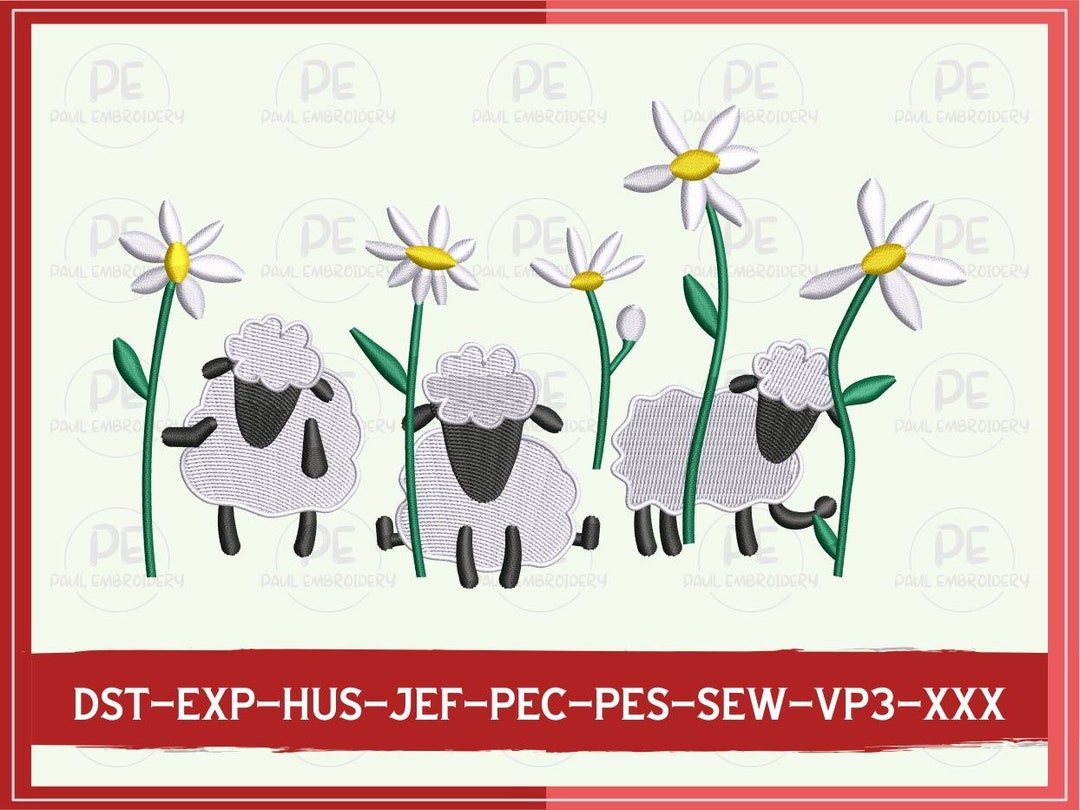 Sheep Floral Embroidery Files, Embroidered Daisy Flowers Design Digital ...