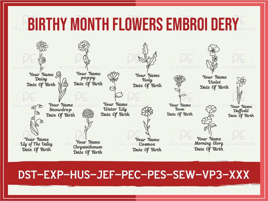 Embroidered Birth Month Flowers Designs,12 Month Flowers Bundle Machine ...