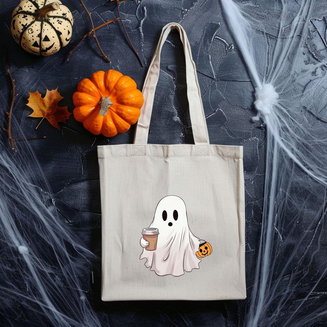 Halloween Ghost Tote Bags, Cute Spooky Ghosts Drinking Coffee Printed ...