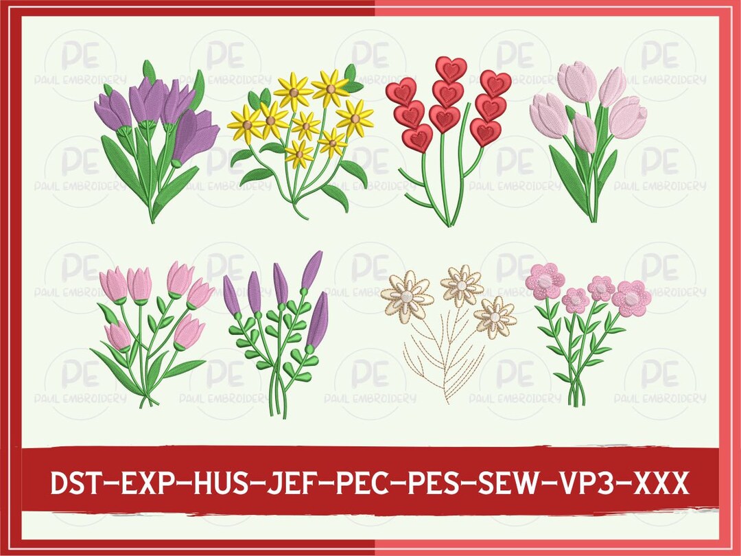 Flowers Embroidered File, Spring Flowers Embroidery 8 Designs Bundles ...