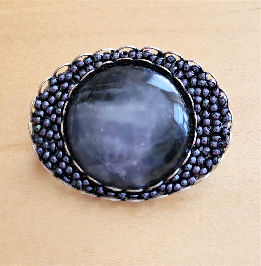 Silver Pin With Blue Stone and Deep Blue Beads. Blue Beaded Stone ...