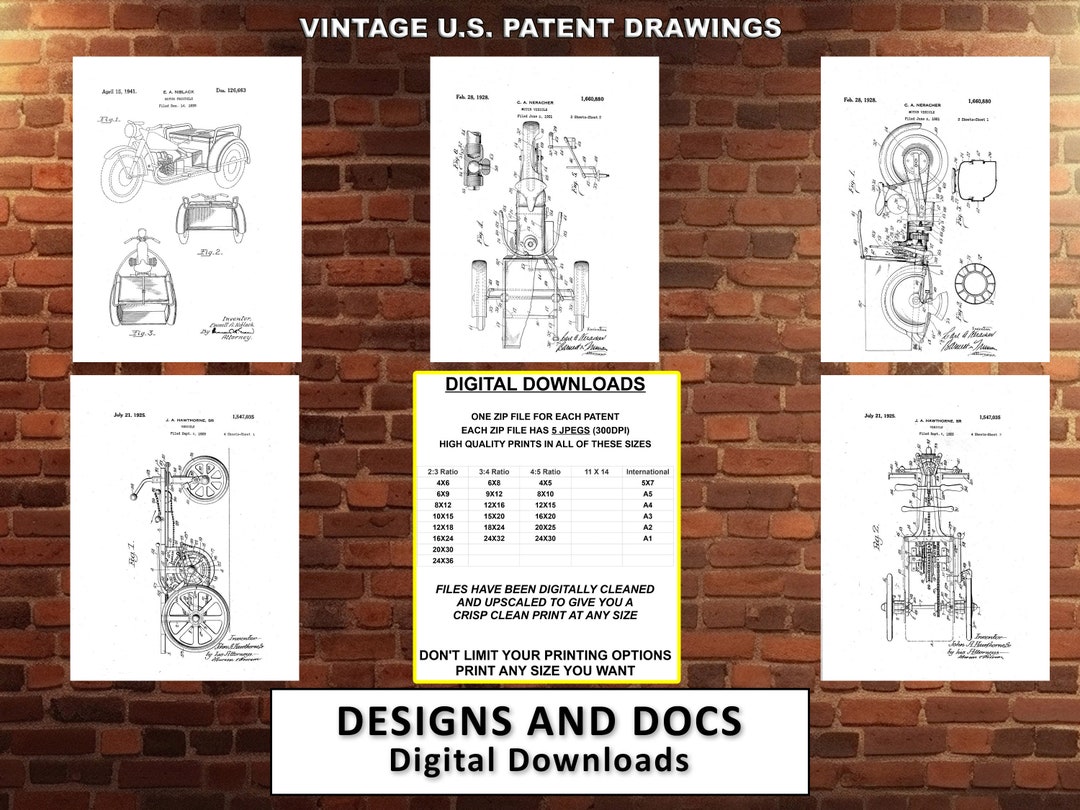 5 Motorcycle Patent Drawings – Trikes - Digital Download – Upscaled ...