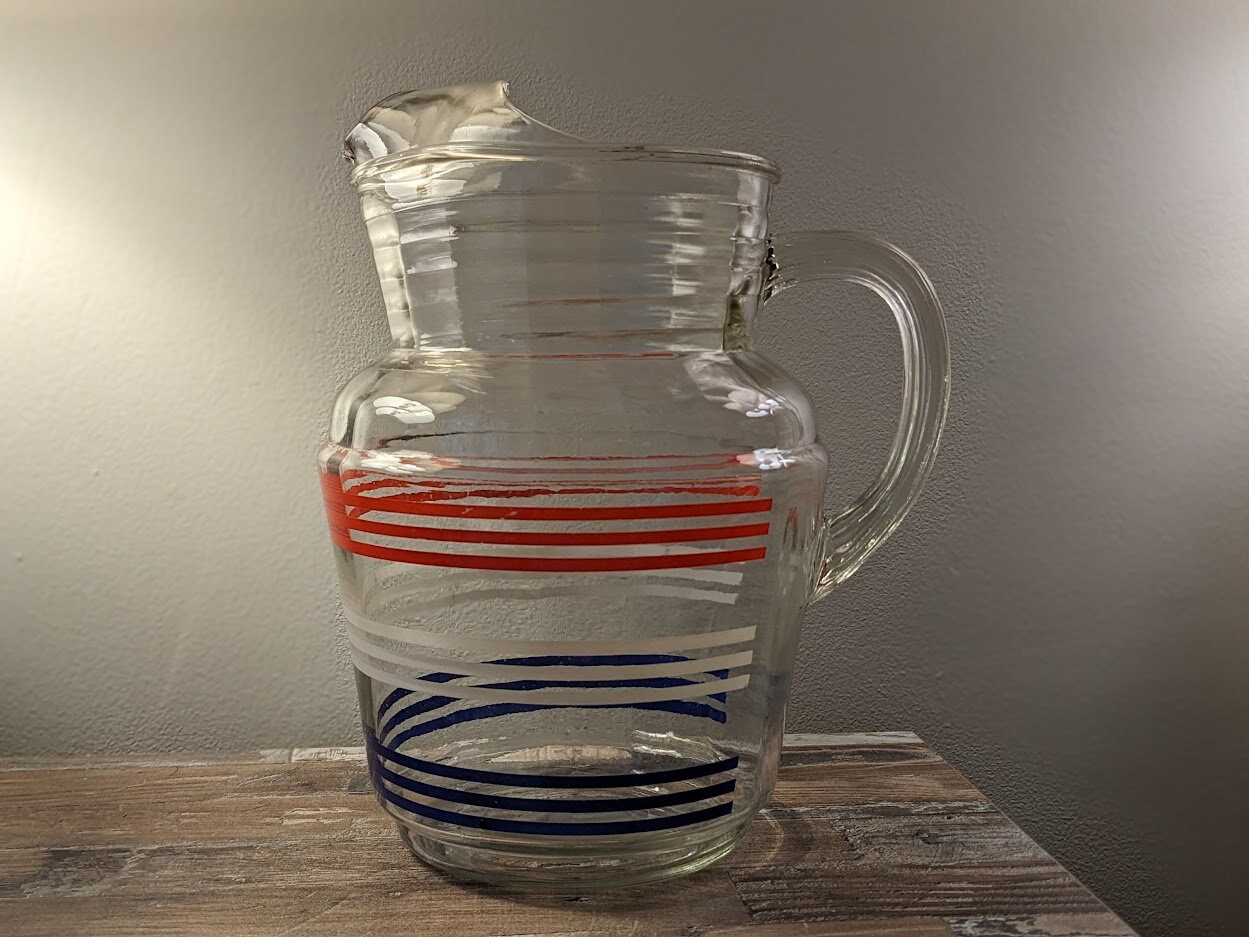 Vintage Anchor Hocking Glass Pitcher With Red White & Blue - Etsy
