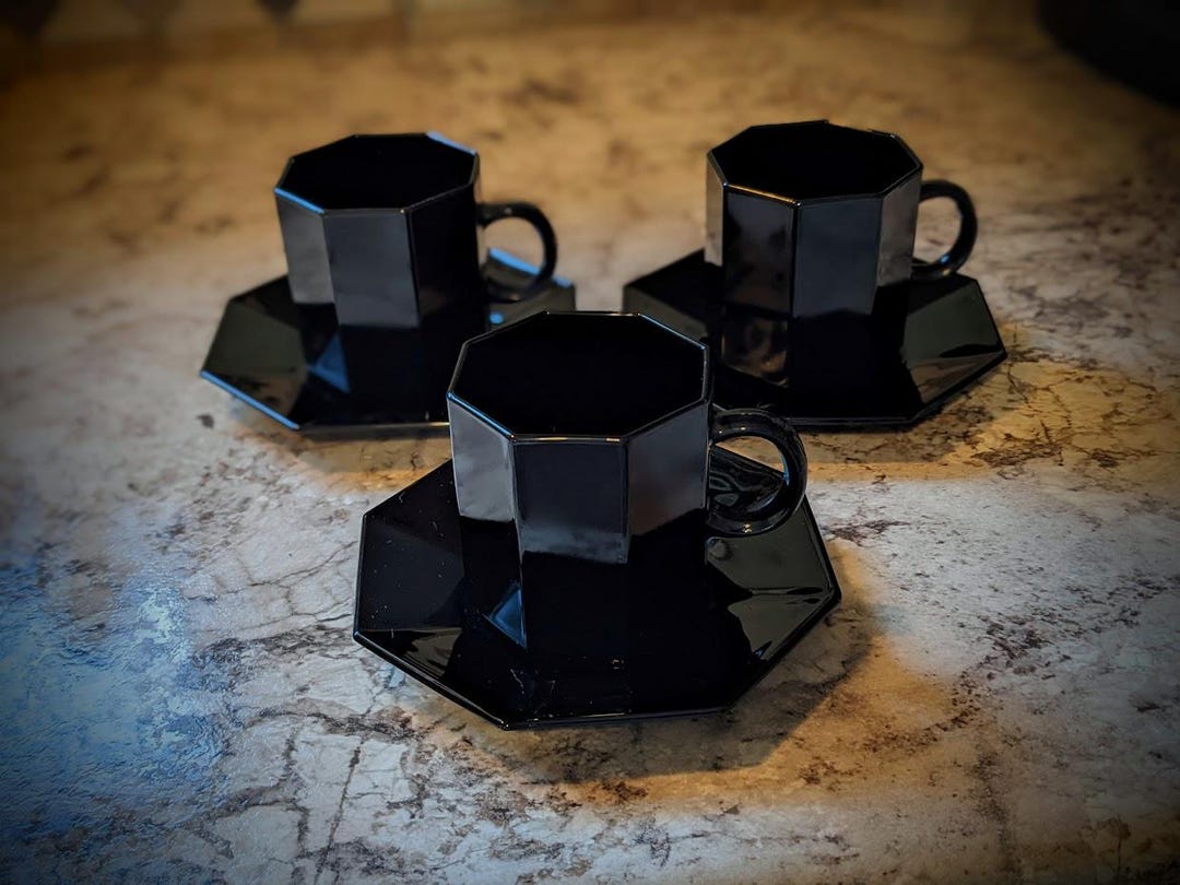 Vintage French ARCOROC Black Octagonal Glass Tea or Coffee Cups With ...