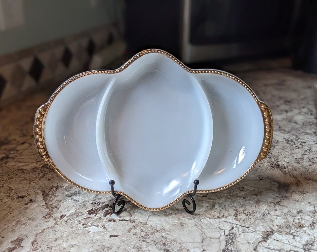 Fire King Divided Gold Beaded Edge Milk Glass Serving Dish - Etsy