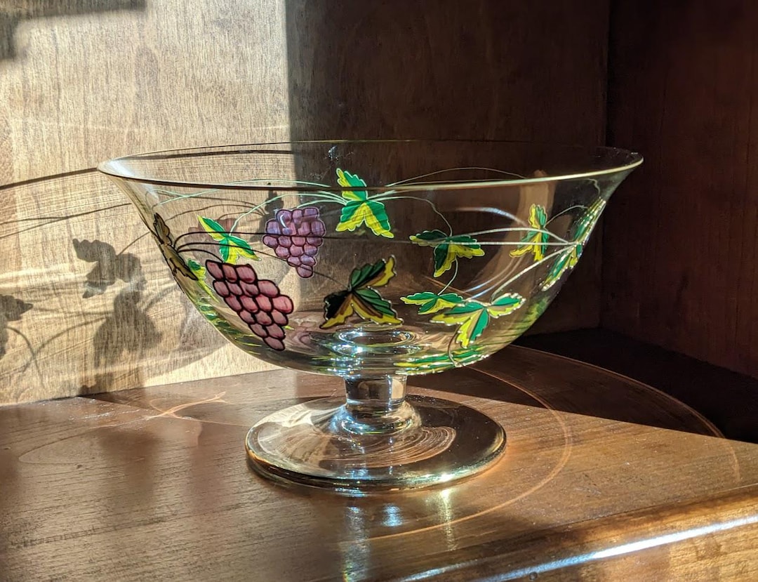 Hand Crafted Crystal Gold Rimmed Fruit Bowl or Compote With Grape Vines ...