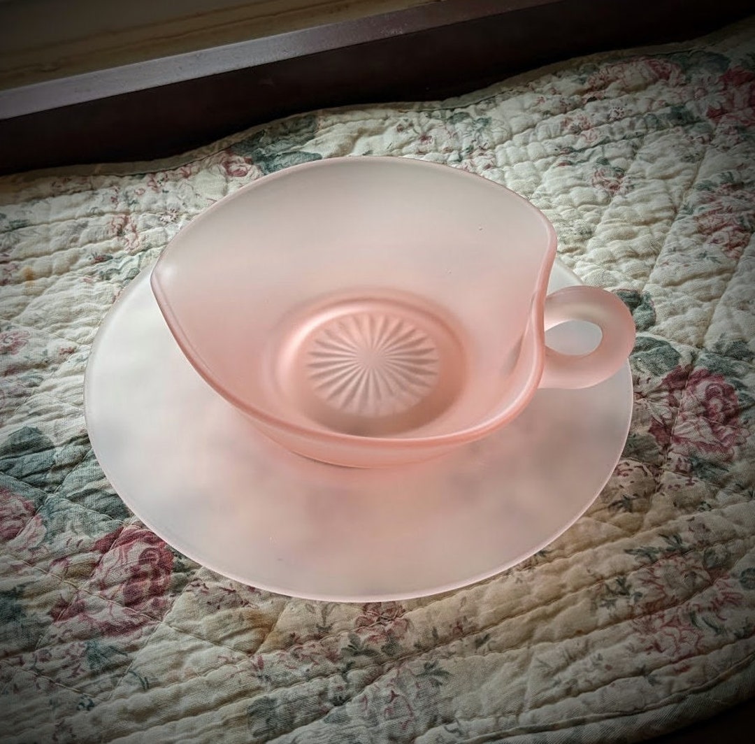 Pink Depression Glass Heart Shaped Syrup Sauce Boat Creamer With Pink ...