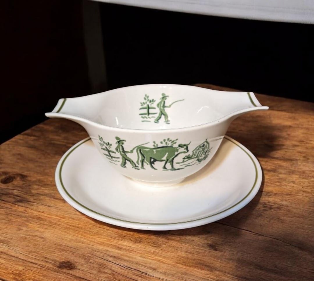 Homer Laughlin USA DEBUTANTE Sauce Boat With Farmer Boy and Country ...
