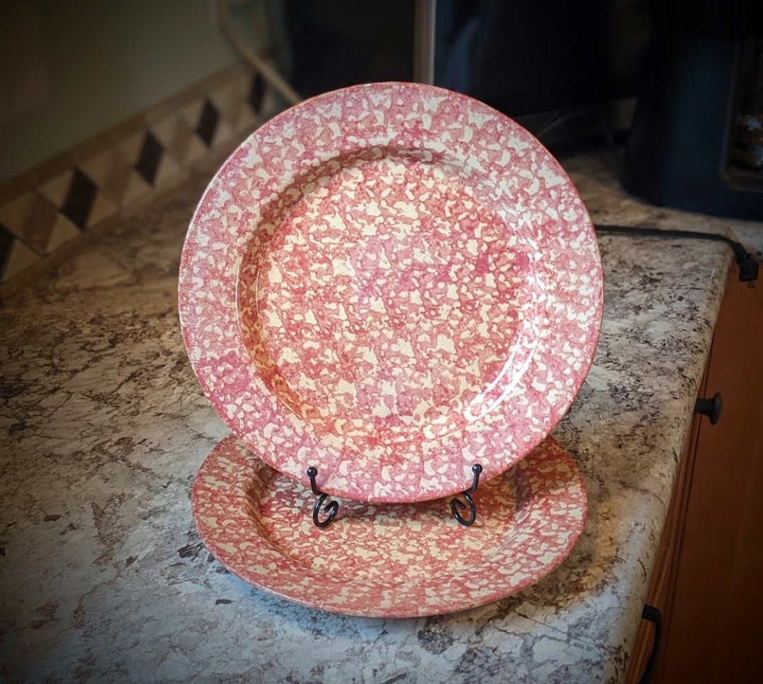 Three Rivers Pottery Spongeware Dark Salmon Pink Dinner Plates ~ Set of ...